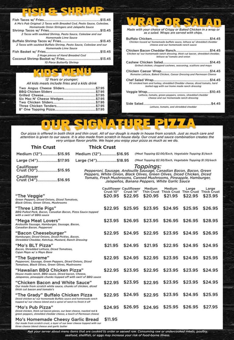 Menu | Mo's Pub | Escanaba MI